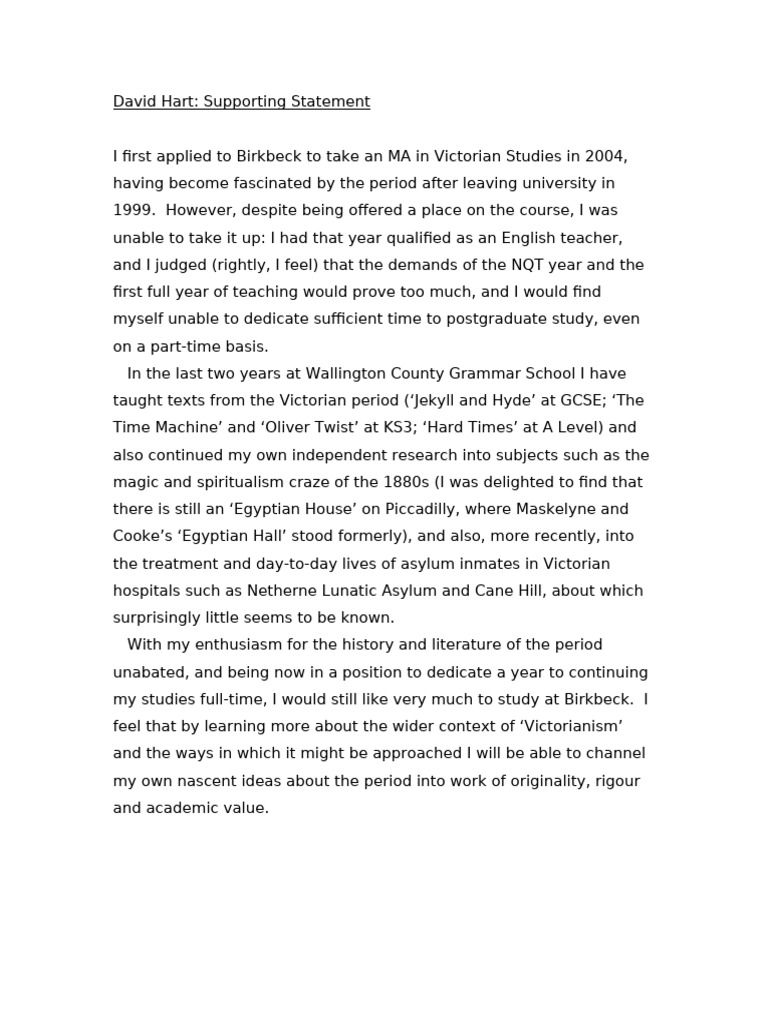 David Hart's Victorian Studies Application | PDF