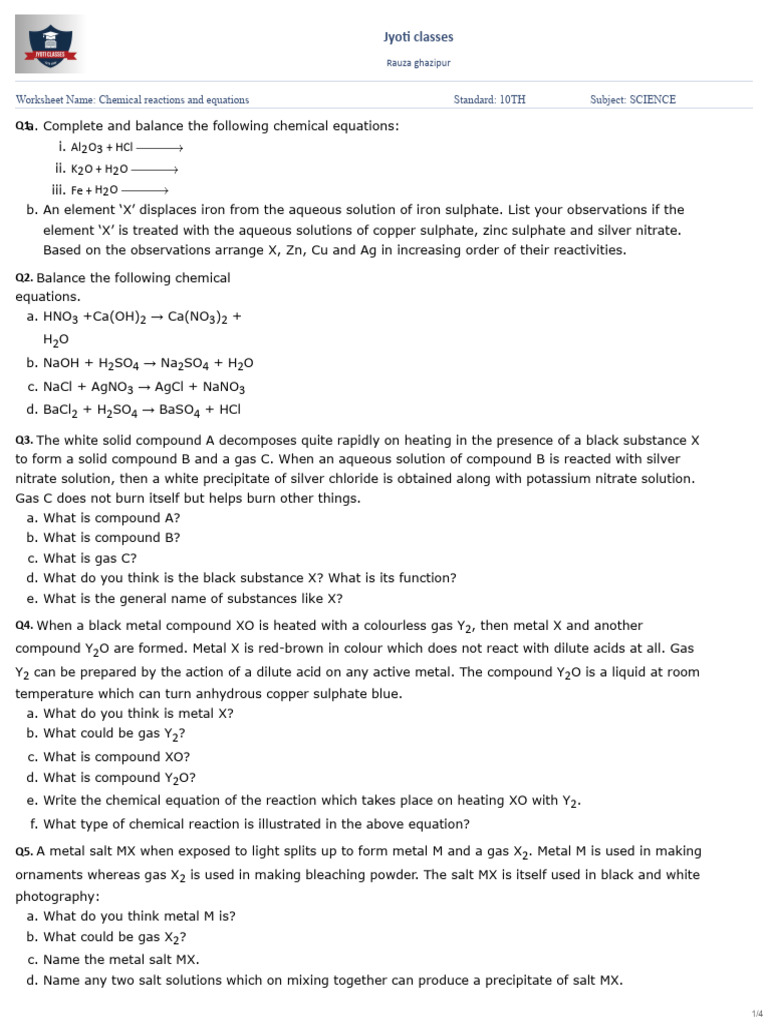 10th Grade Science: Chemical Reactions Worksheet | PDF | Salt ...