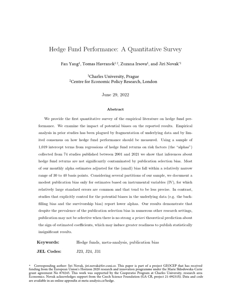 Hedge Fund Performance Meta-Analysis | PDF | Hedge Fund | Financial Risk
