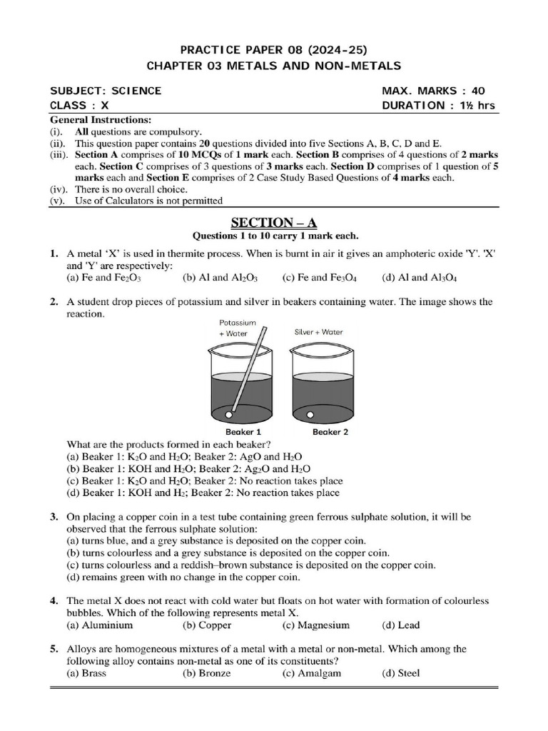 Science Class X Chapter 03 Metals and Non Metals Practice Paper | PDF