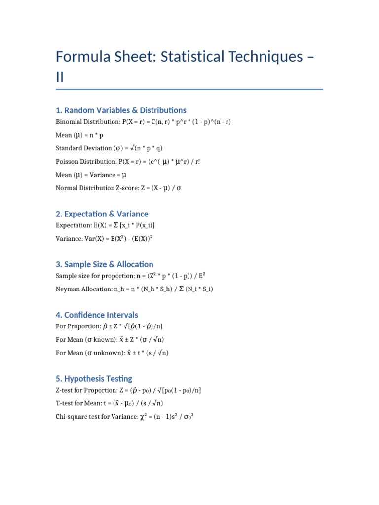 Statistical Techniques Formula Sheet | PDF