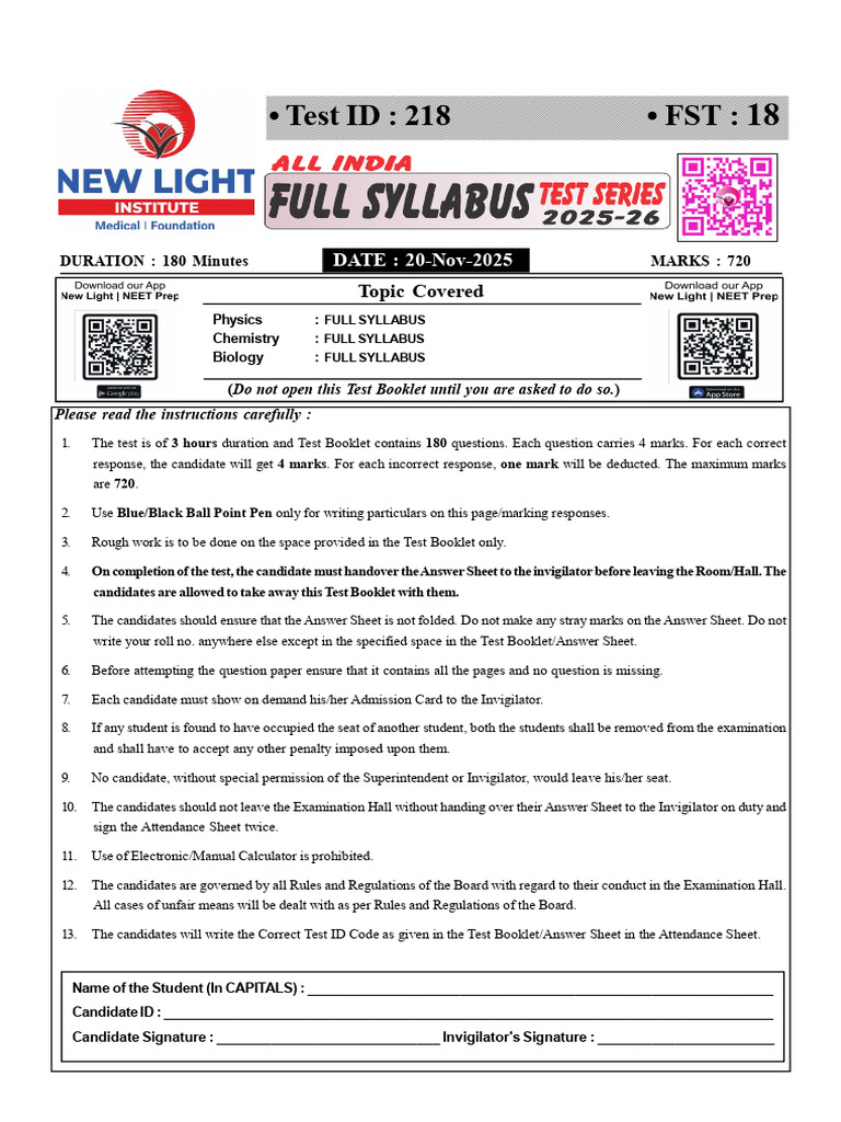 NEET 2026 Full Syllabus Test Instructions | PDF