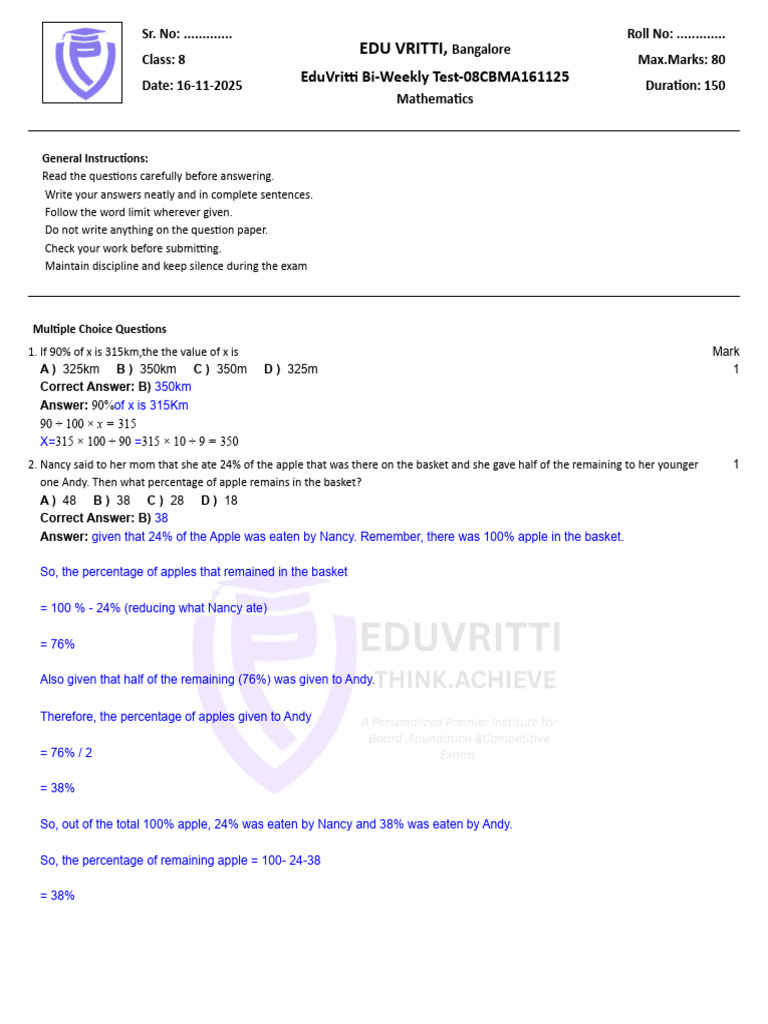 EduVritti Bi Weekly Test 08CBMA161125_mathsteachercopy | PDF ...