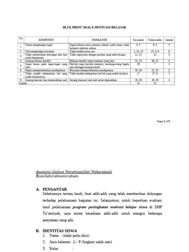 Blue Print Skala Motivasi Belajar | PDF