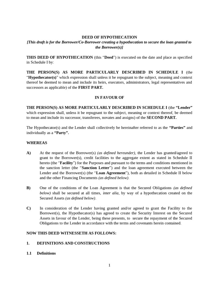 Deed of Hypothecation for Loan Security | PDF | Security Interest | Loans