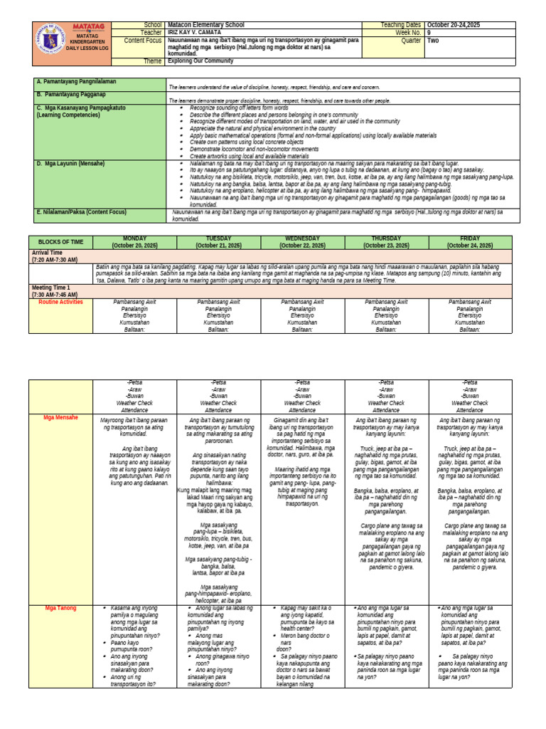 Kinder DLL - Quarter 2. Week 9. Matatag Curriculum | PDF