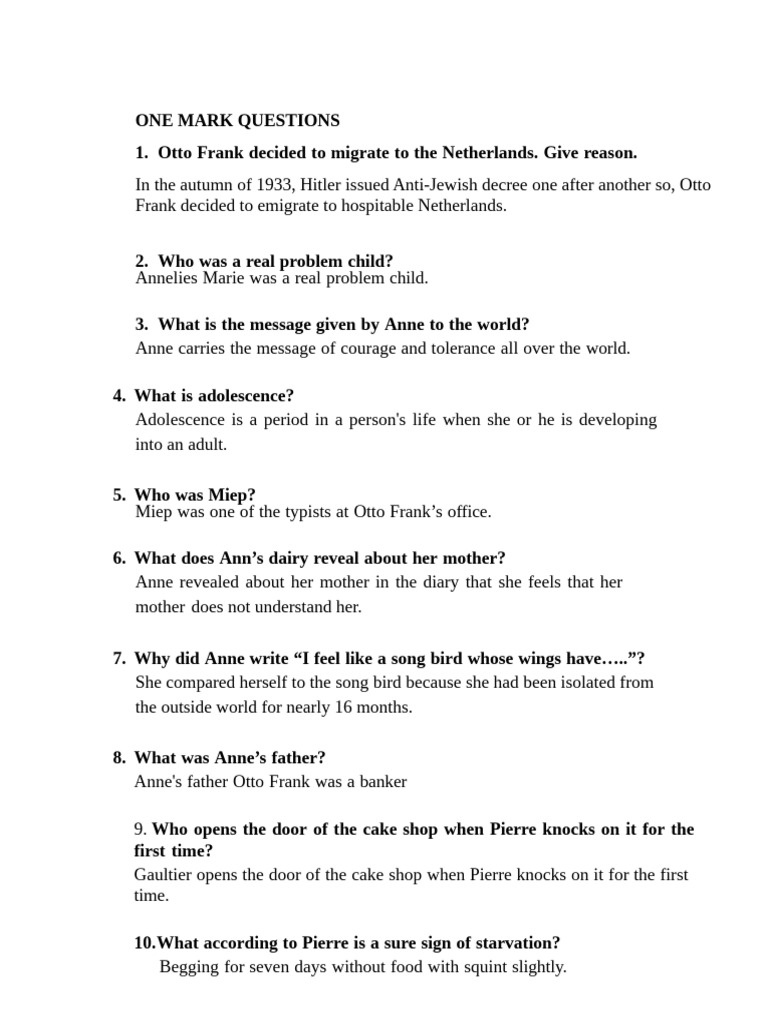 1 Mark Questions | PDF