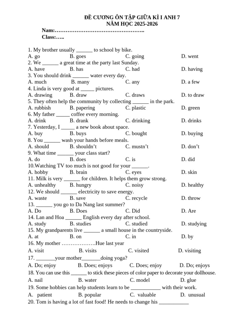 Đề Cương Ôn Tập Giữa Kì i Anh 7 25-26 | PDF