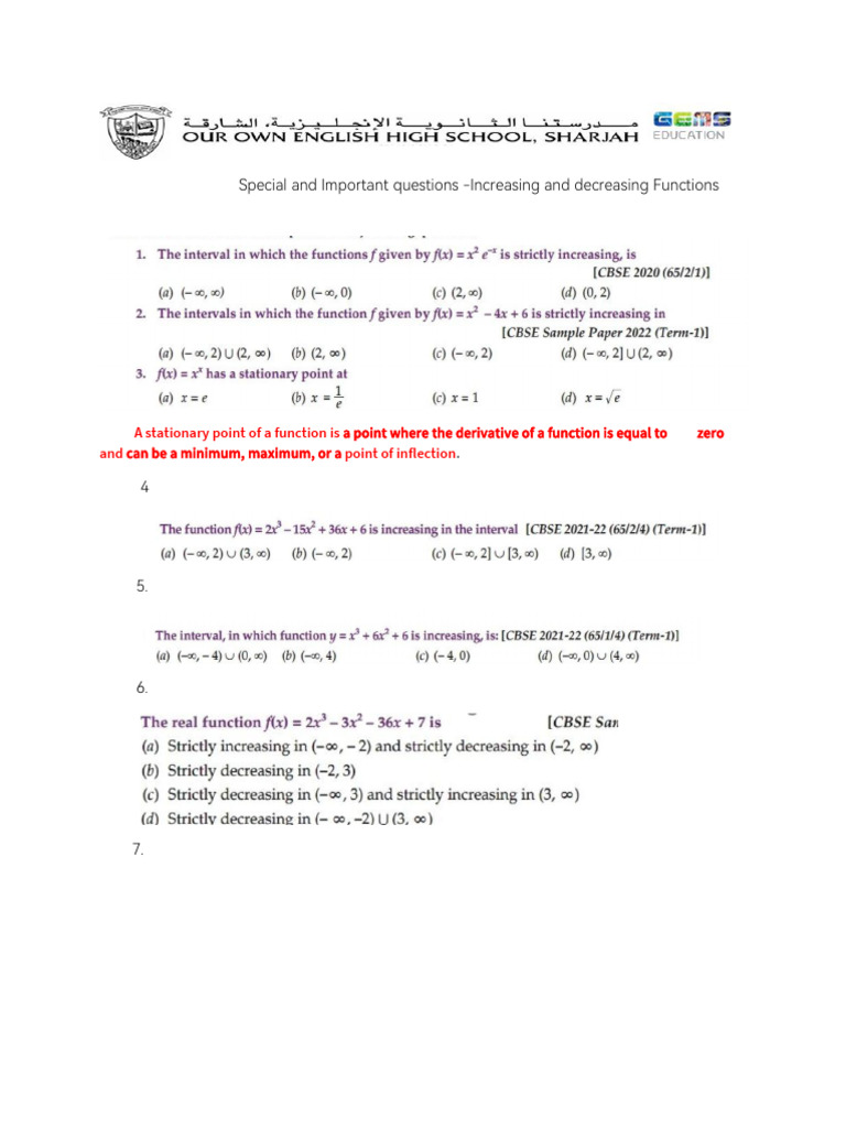 Worksheet - Special Questions - Increasing and Decreasing Functions | PDF