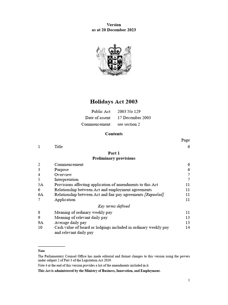 Holidays Act 2003 Overview and Provisions | PDF | Employment | Sick Leave