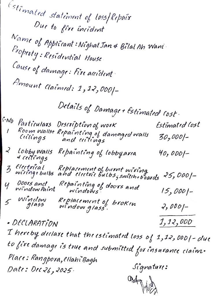 Fire Damage Loss Estimate for Insurance | PDF