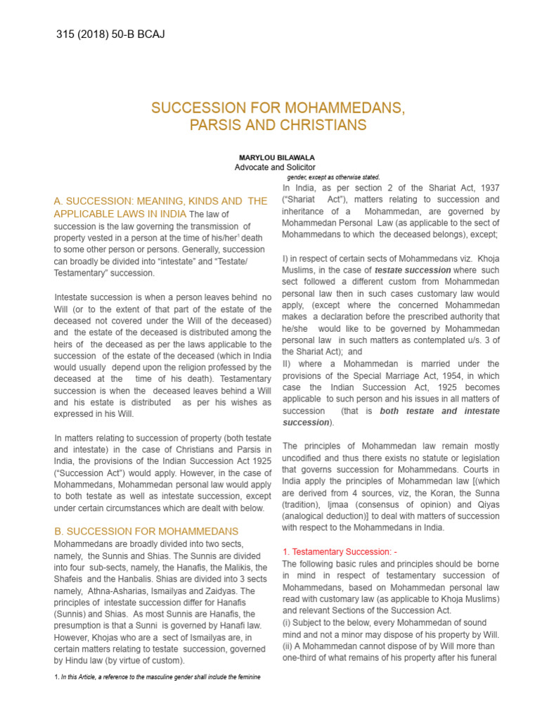 Succesion for Muslims, Parsis and Christians Marylou Bilawala (1) | PDF ...