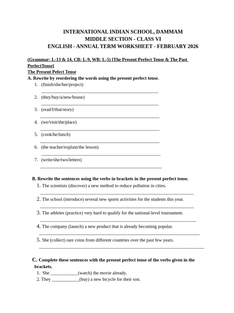 Grade 6 English Annual Worksheet- 2025-26 | PDF | Perfect (Grammar ...