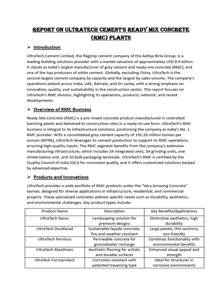 UltraTech Cement RMC Operations Report | PDF | Concrete | Cement