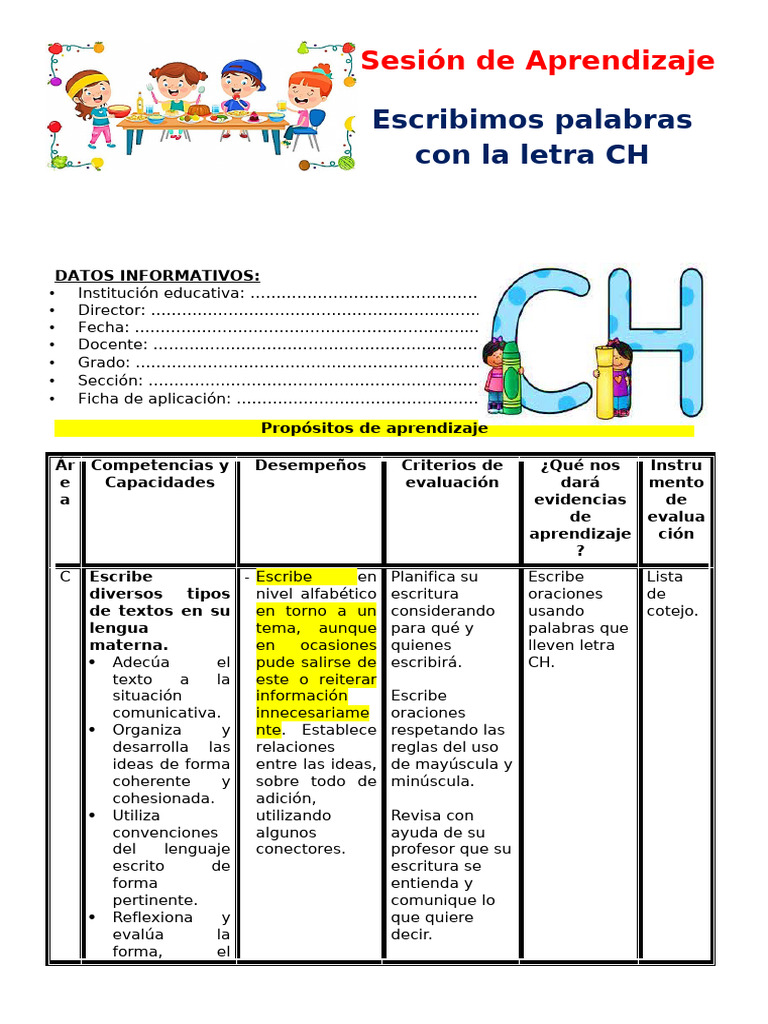 1° Sesión Día 3 Com Escribimos Palabras Con La Letra CH Unidad 8 Semana ...