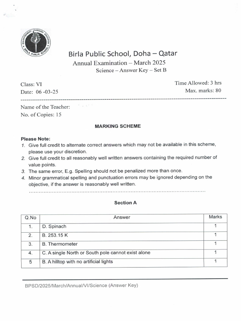 SCIENCE ANS KEY SET B | PDF