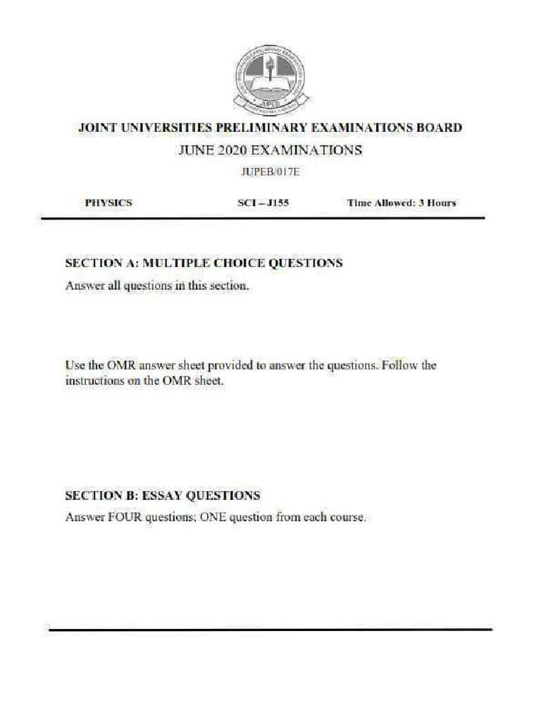 PHY 2020 JUPEB questions to aid candidates | PDF