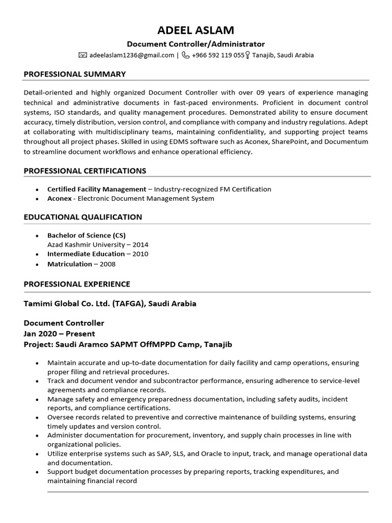 Document Controller Profile - Adeel Aslam | PDF | Regulatory Compliance ...