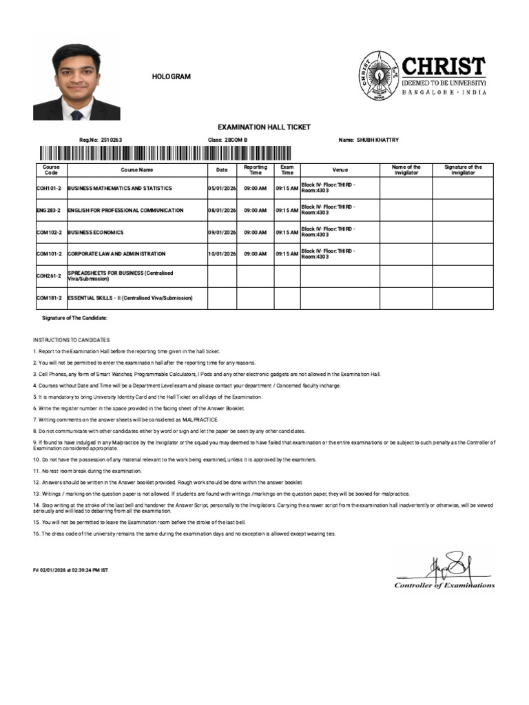 2nd Sem Mid Sem Hall Ticket | PDF