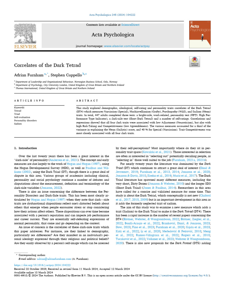 Correlates of the Dark Tetrad. a. Furnham, S. Cuppello | PDF | Dark ...