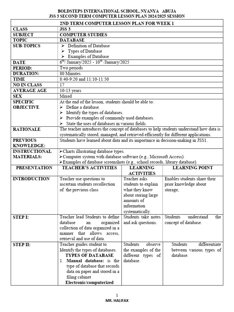 Jss3 Computer Second Term Lesson Plan | PDF | Databases | Spreadsheet