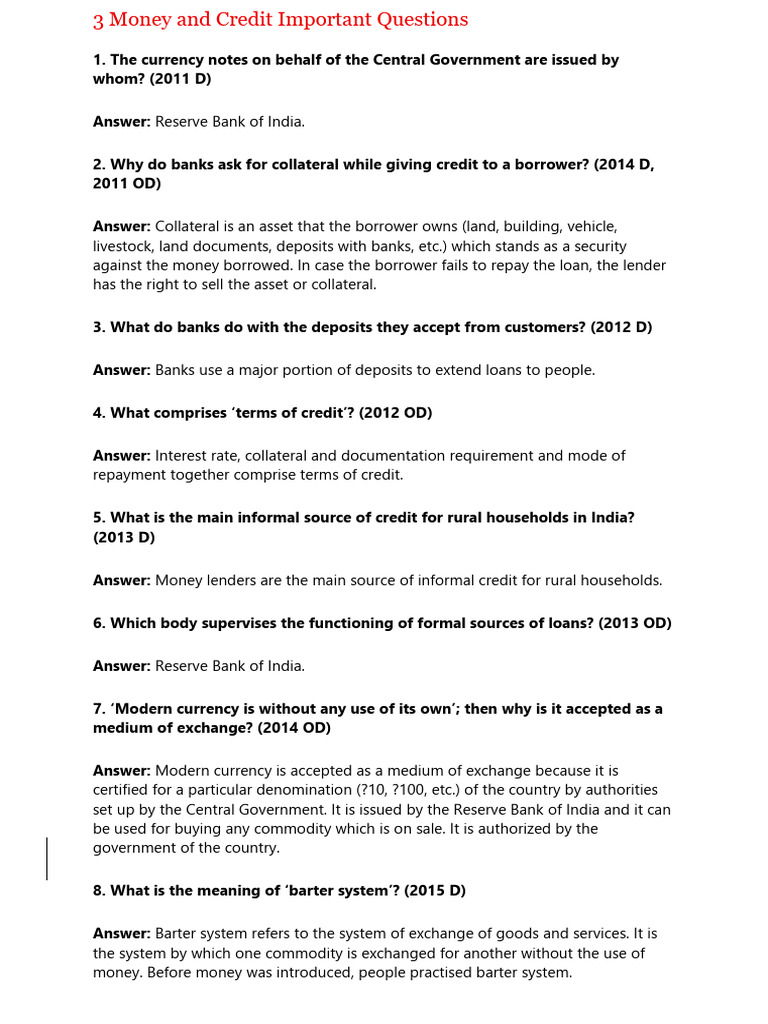 3 Money and Credit Important Questions | PDF | Loans | Credit