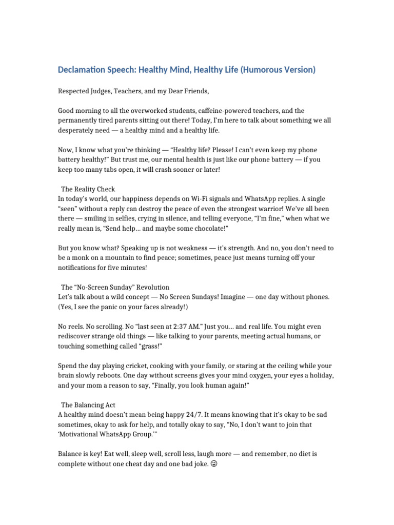 Healthy_Mind_Humorous_Speech (1) | PDF | Mind