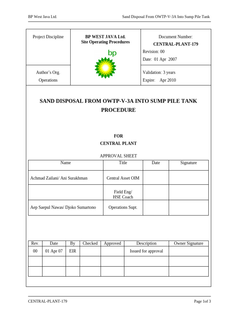 Cp-179- Sand Disposal Fr Owtp-V-3a Into Sump Pile | PDF | Valve | Bp