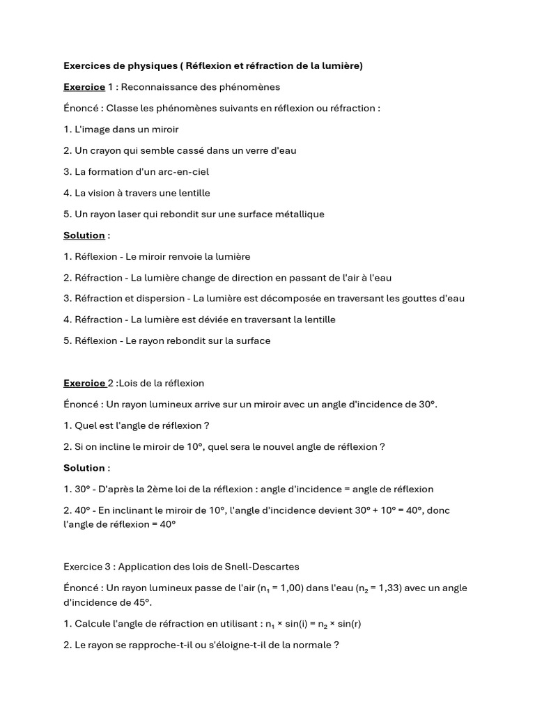 Exercices sur réflexion et réfraction | PDF | Réfraction | Lumière