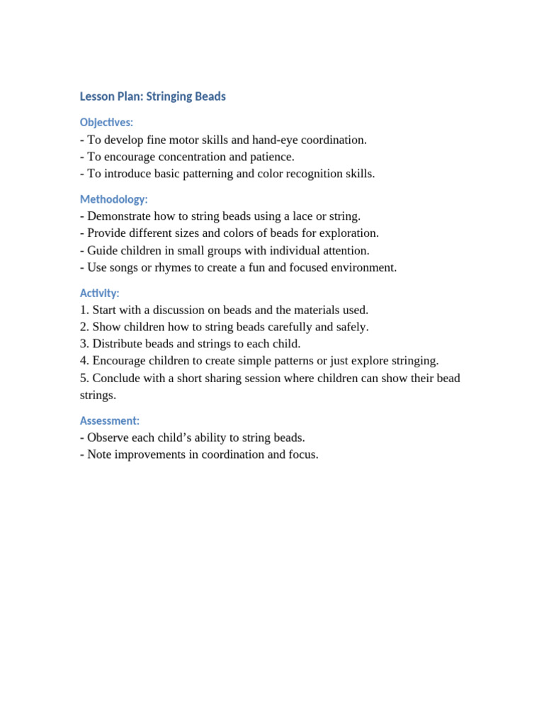 Lesson Plan Stringing Beads | PDF
