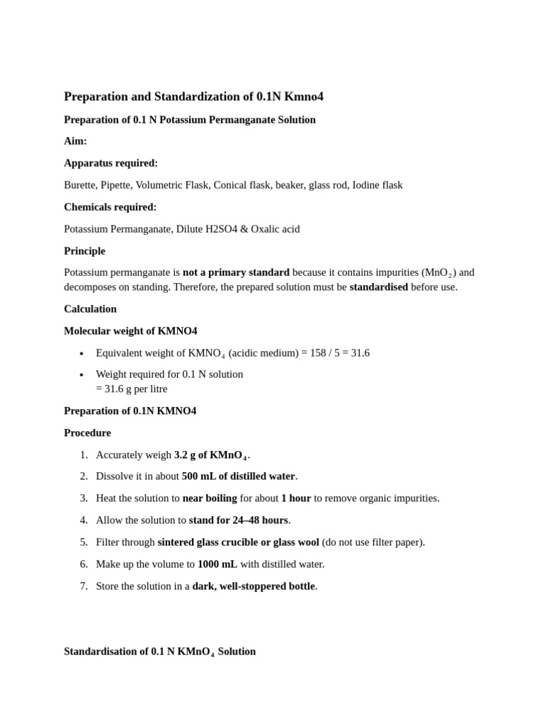 Standardizing 0.1N KMnO4 Solution | PDF