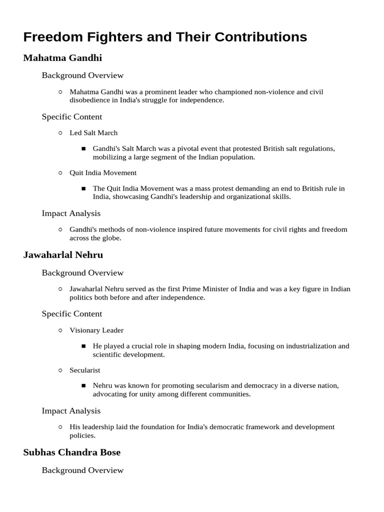 Freedom Fighters and Their Contributions | PDF | Indian Independence ...