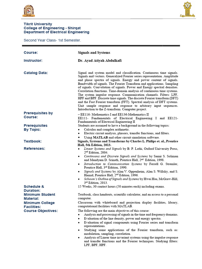 Signals and Systems Course Overview | PDF | Discrete Fourier Transform ...