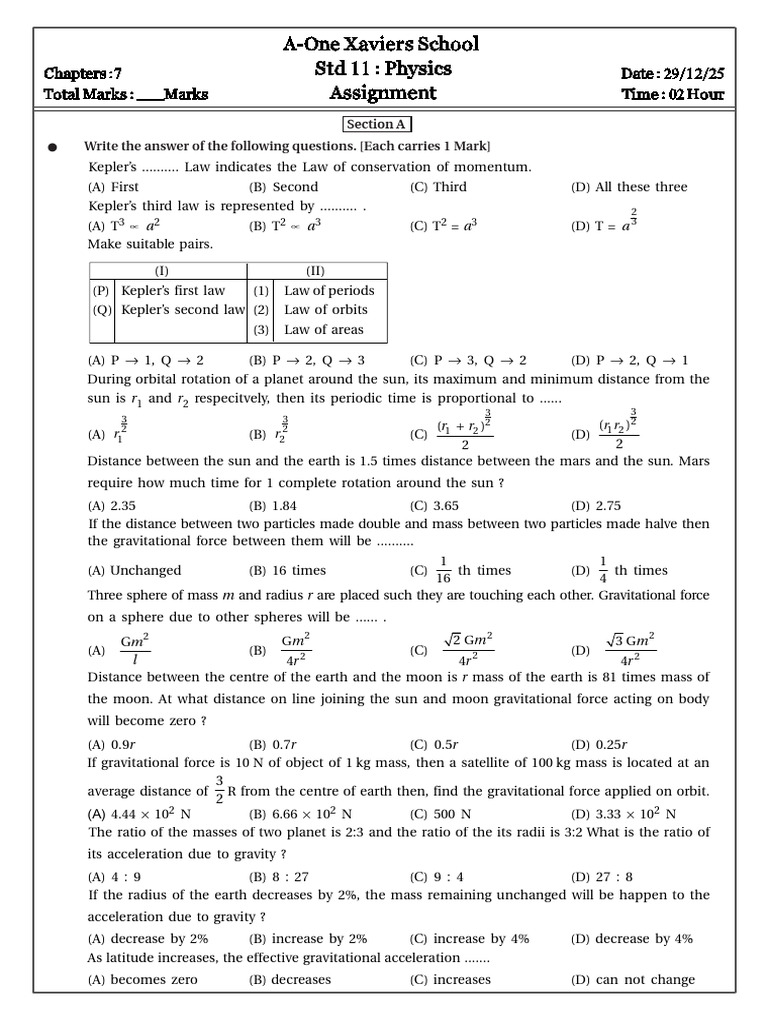 Std 11 Physics Assignment on Gravitation | PDF | Mass | Gravity