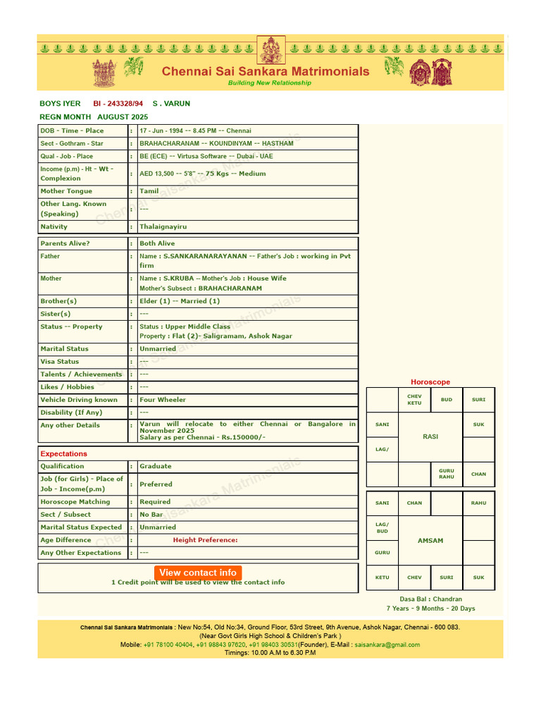 Boys Iyer S - Varun Regn Month August 2025: View Contact Info | PDF