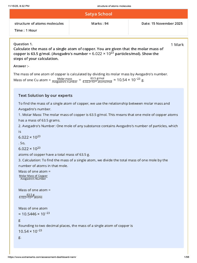Structure of Atoms Molecules Sol | PDF | Mole (Unit) | Proton
