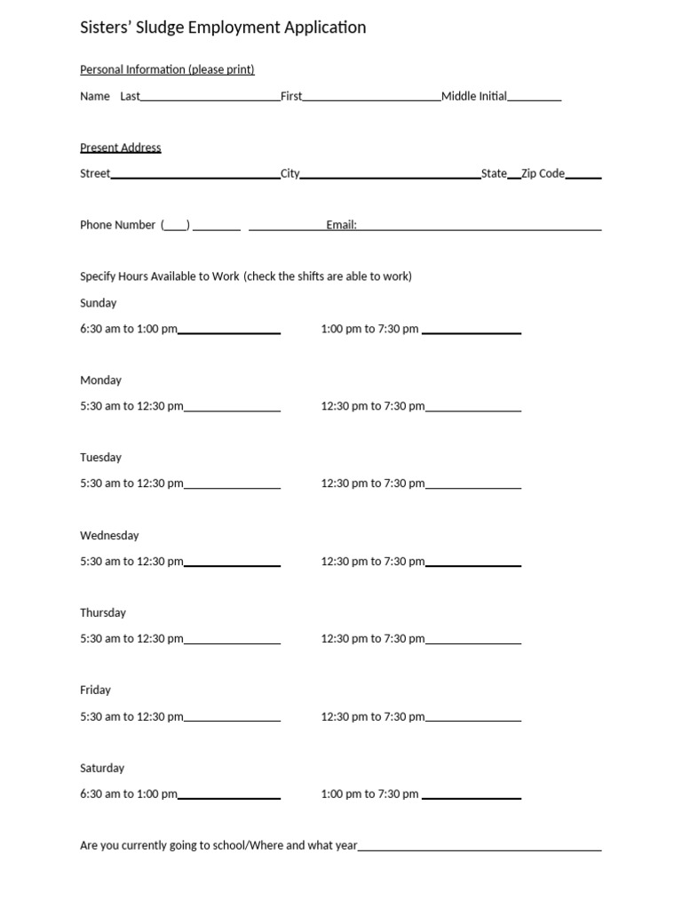 Sisters' Sludge Job Application Form | PDF