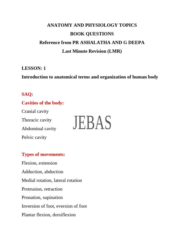Anatomy and Physiology L 1 Saq | PDF | Anatomical Terms Of Motion ...