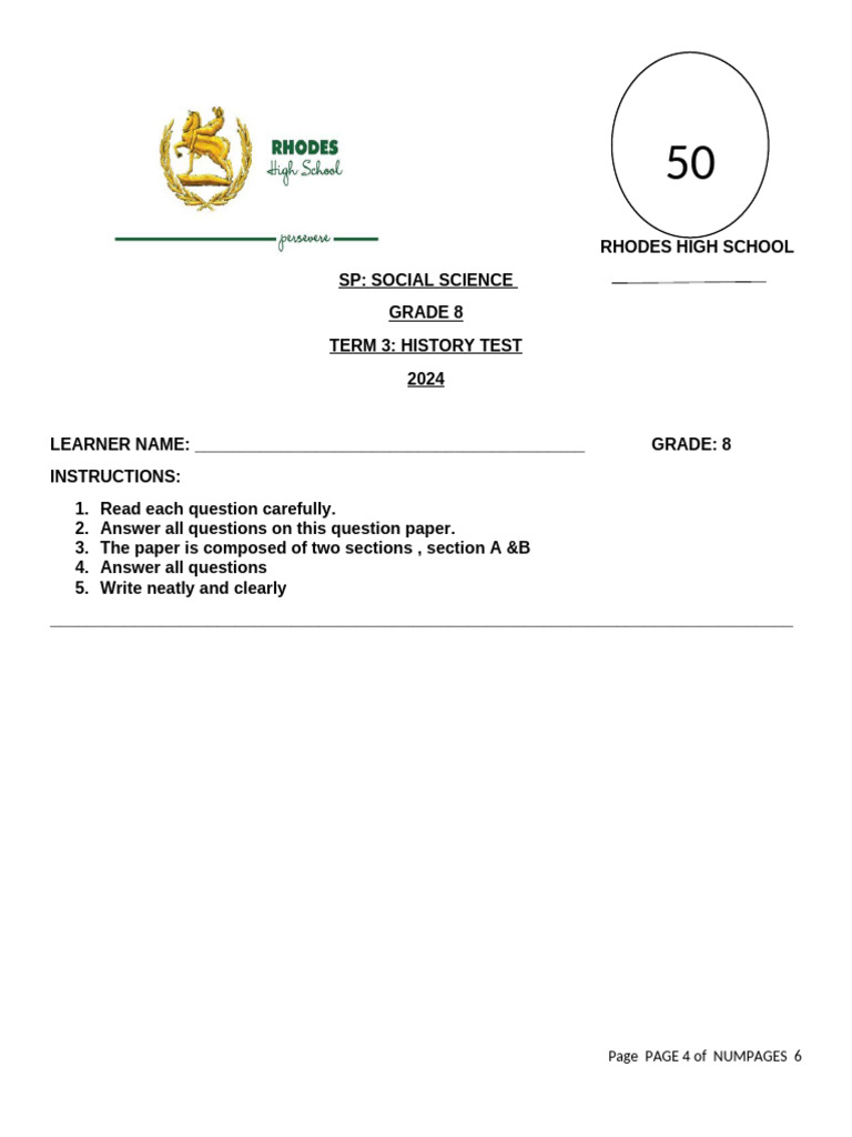 Grade 8_T3_Sept Hist Test_2024_Final[2] | PDF | International Relations