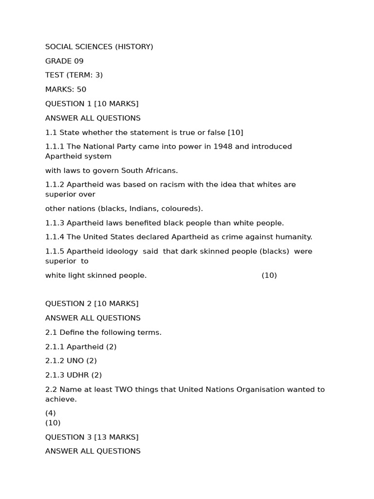 Grade 9 Social Sciences History Test | PDF