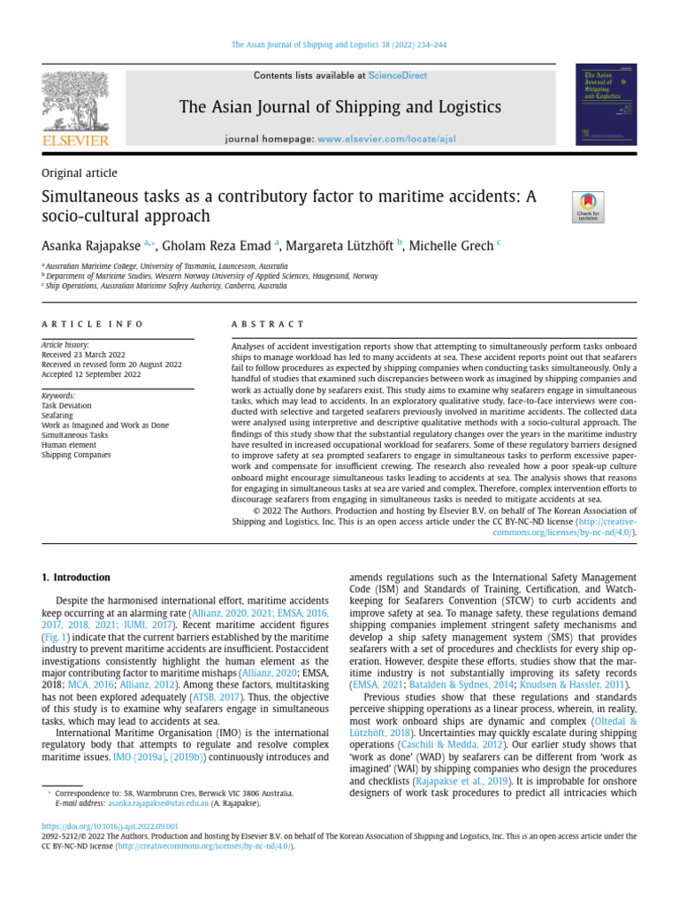 2022 Simultaneous Tasks As A Contributory Factor To Maritime Accidents ...