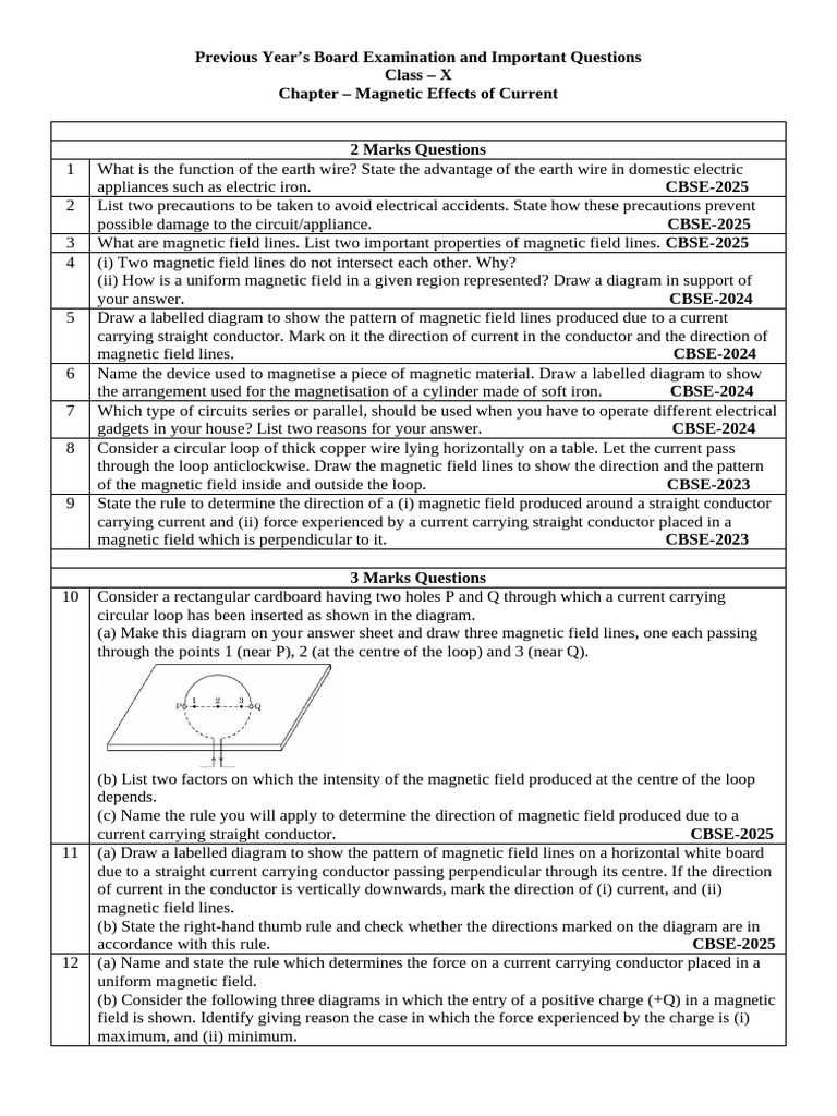 Class X Magnetic Effects of Current Exam Questions | PDF | Magnetic ...