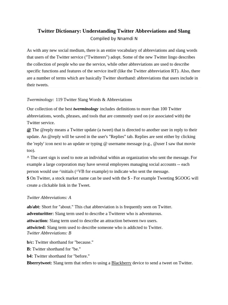 Twitter Abbreviations and Slang Guide | PDF | Hashtag | Social ...