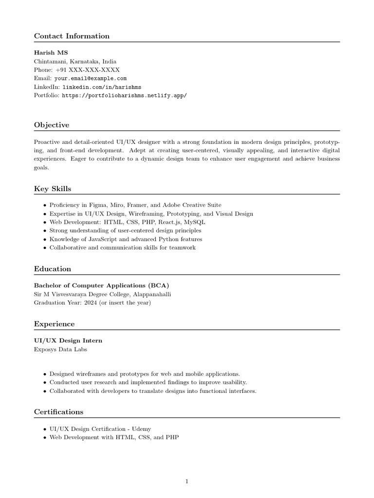 UI/UX Designer Resume of Harish MS | PDF