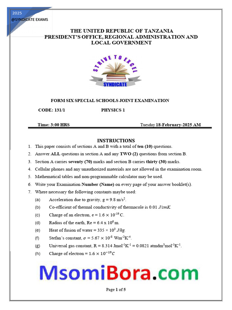 Form Six Physics Exam 2025 Tanzania | PDF | Operational Amplifier ...