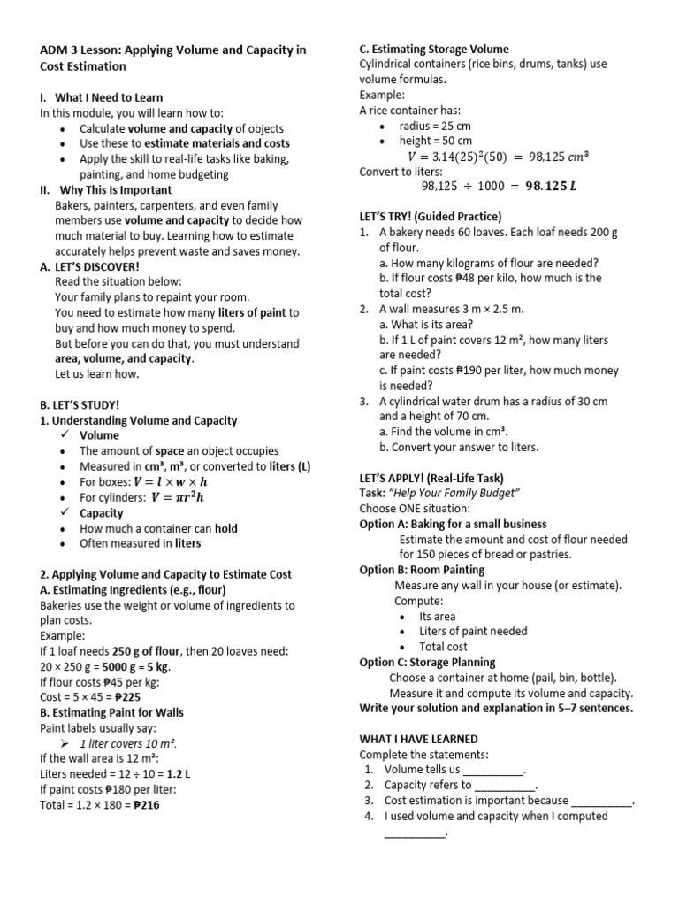Volume and Capacity for Cost Estimation | PDF | Volume | Litre