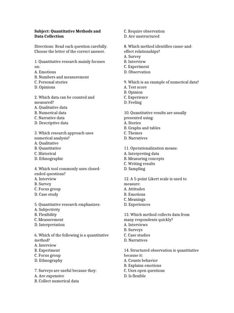 Quantitative Research Methods Quiz | PDF | Quantitative Research | Data