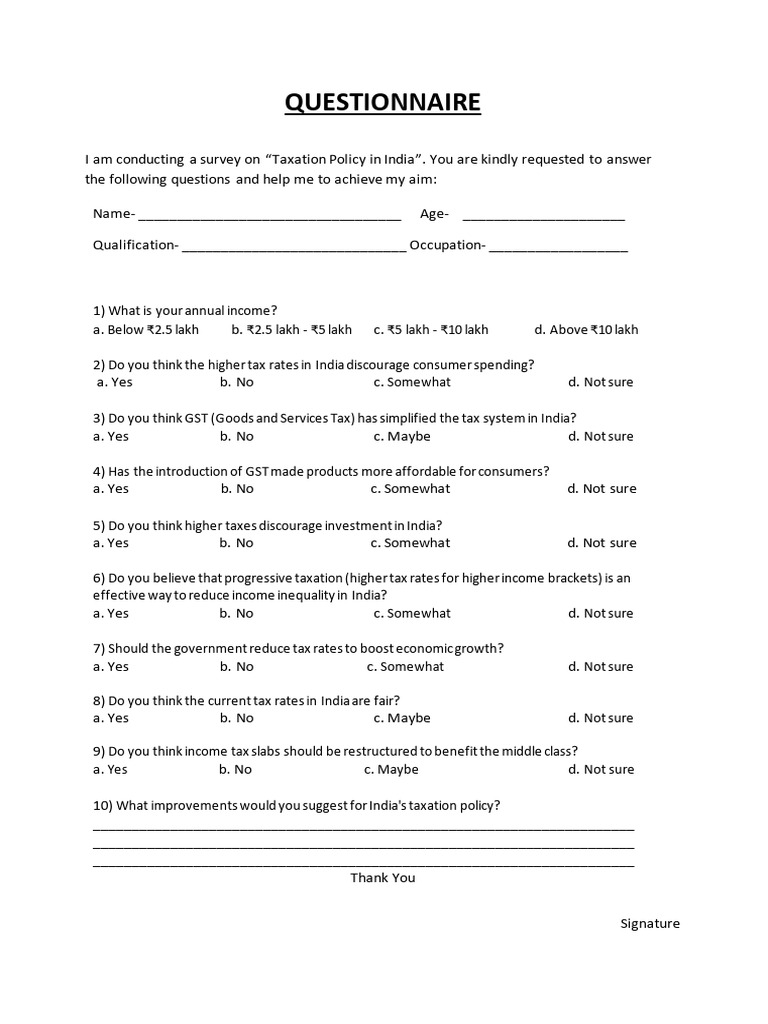 Sample Questionnaire Economics (TAXATION POLICY of INDIA) | PDF