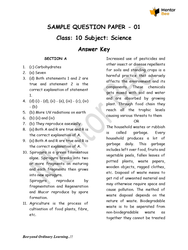 10th Sample Question Paper 1 Answer Key | PDF | Dominance (Genetics ...