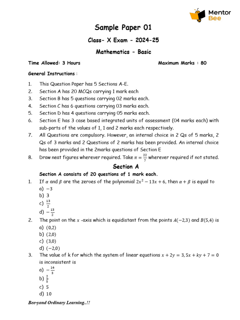 10th CBSE Sample Basic Paper Complete With Answer | PDF | Circle | Angle